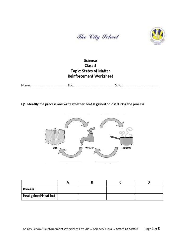 Class 5 States of Matter Worksheet | PDF | Evaporation | Water