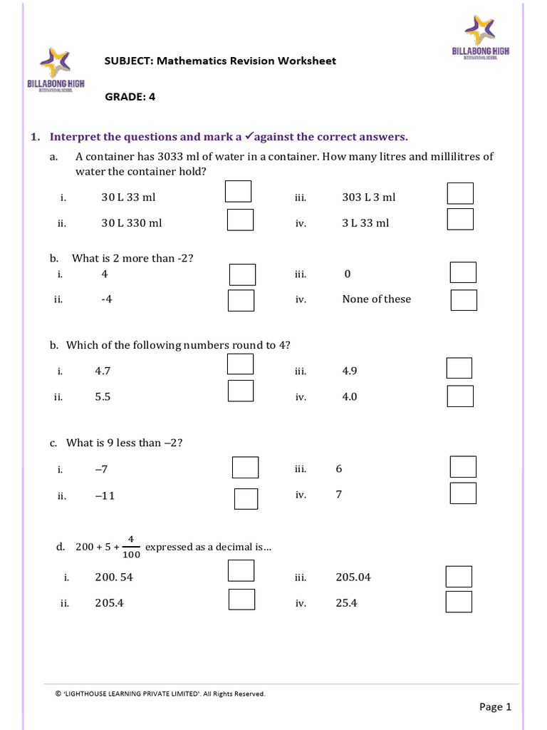 GR 4 - Maths - Vol3 - Revision Sheet - 1604579184066170881SD - PDF | PDF | Mathematics