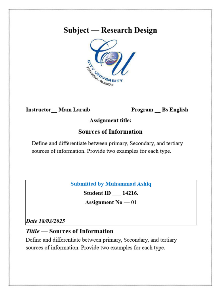 14216 M_Ashiq Research Design Assignment No 01 Sources of Information ...