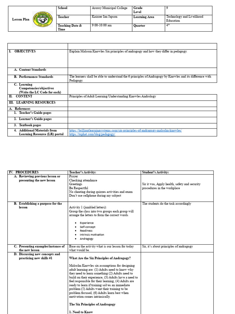 Detailed Lesson Plan Copy | PDF | Learning | Education Theory