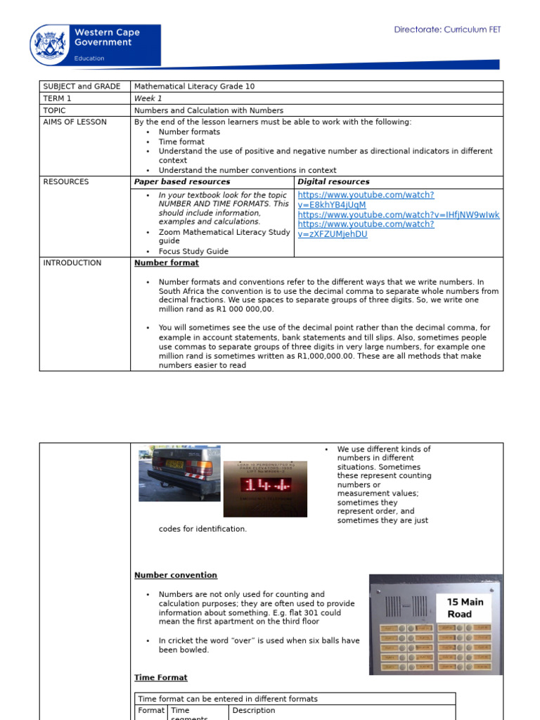Mathematical Literacy Grade 10 Term 1 Week 1_2021 | PDF