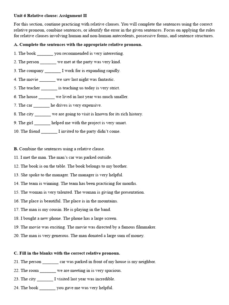Unit 6 Relative Clause - Assignment II (50 Sentences) | PDF | Linguistic Typology | Language ...