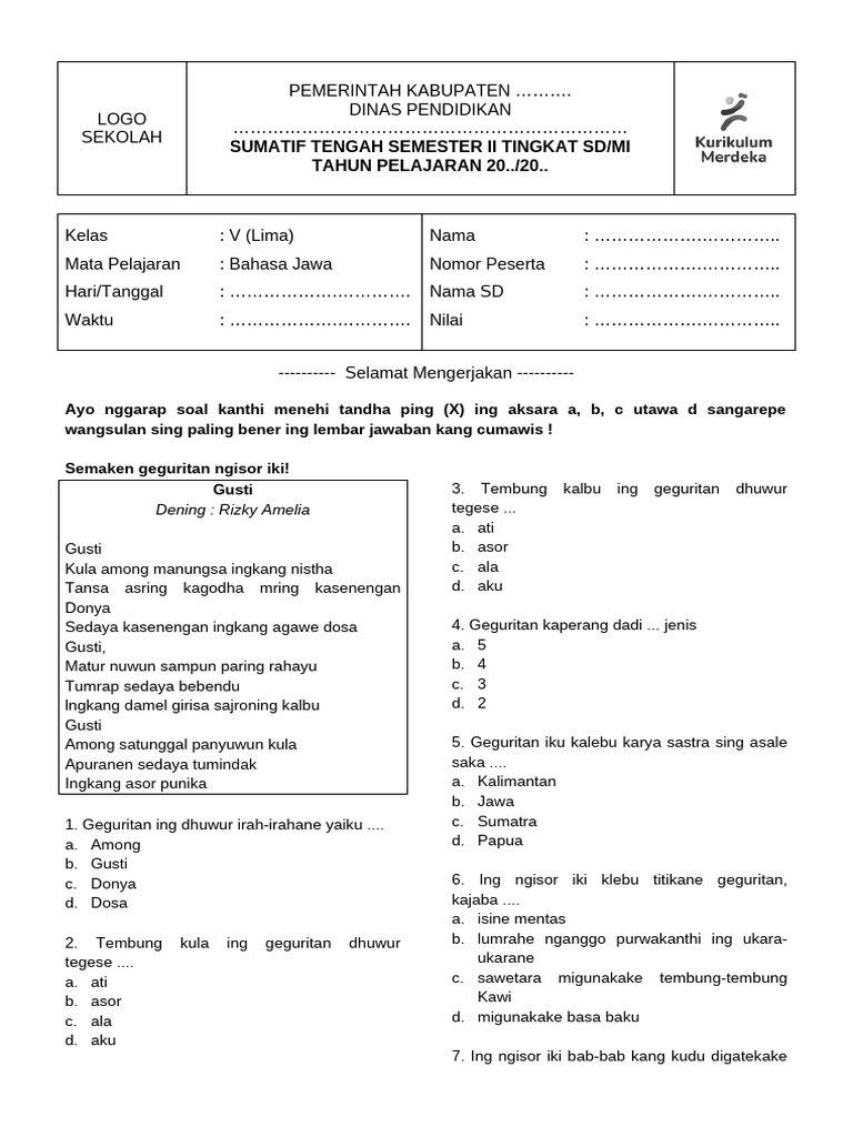 centralpendidikan.com STS Bahasa Jawa Kelas 5 SEM 2 | PDF