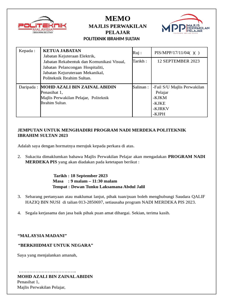 Memo Jemputan KJ Merdeka | PDF