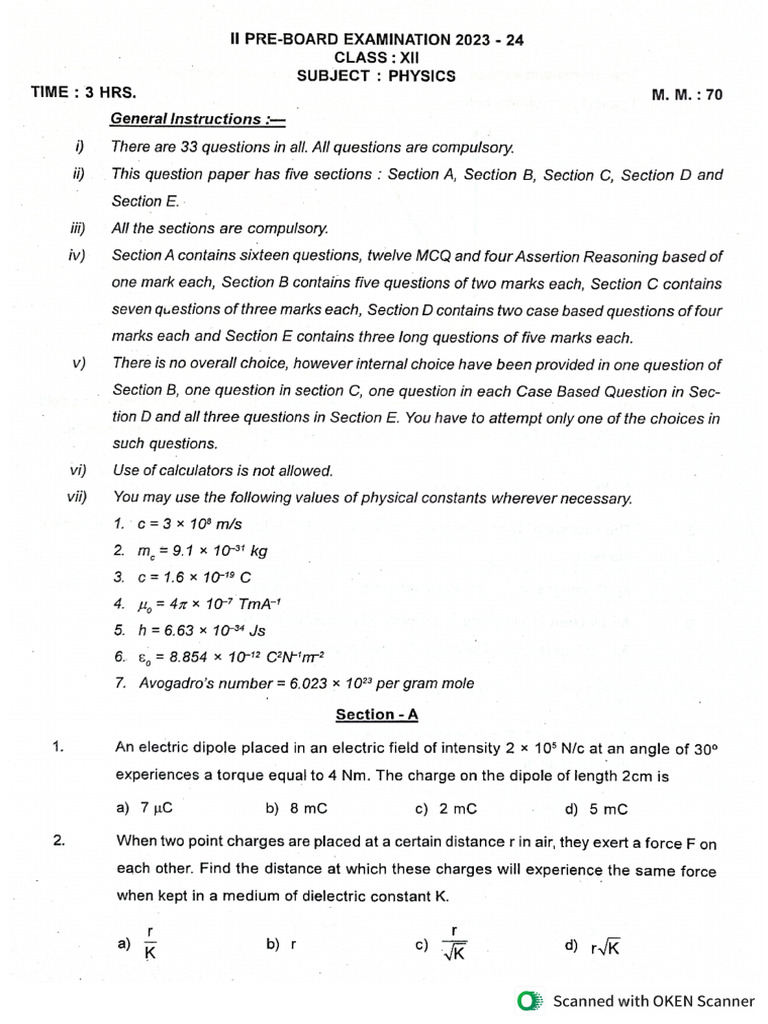 Pre-Board 2 Physics Paper | PDF