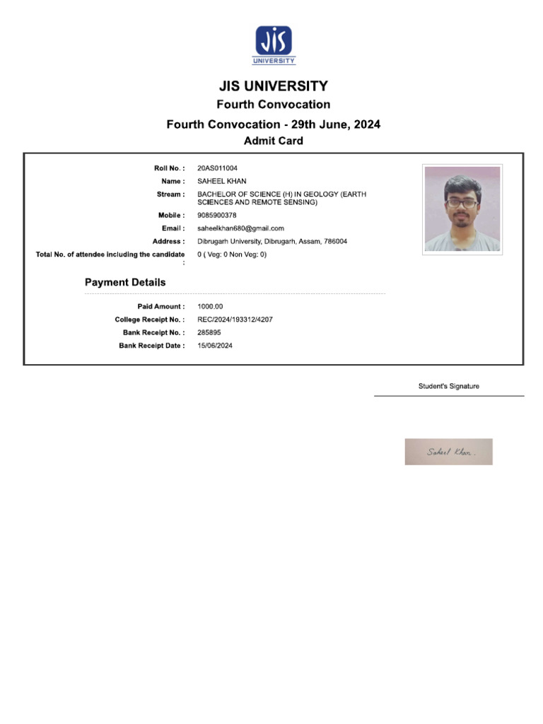 JIS Convocation Money Receipt | PDF