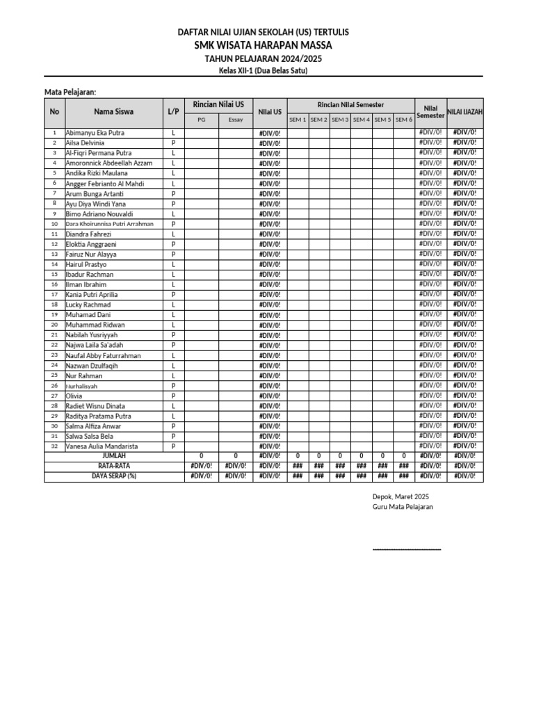 Format Nilai Us + Nilai Sem | PDF
