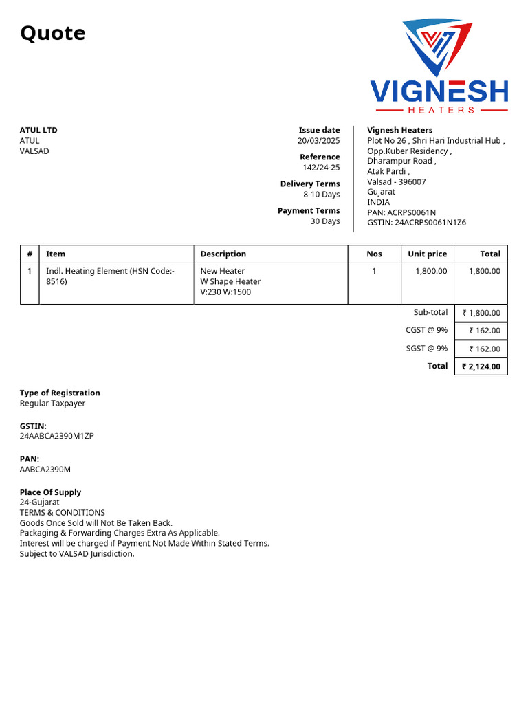 Quotation - Vignesh Heaters | PDF