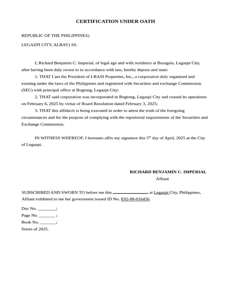 CERTIFICATION UNDER OATH BY PRESIDENT | PDF