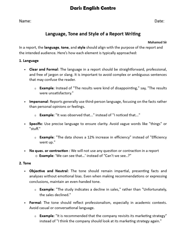 Language, Tone, and Style in Reports | PDF | Communication | Cognition