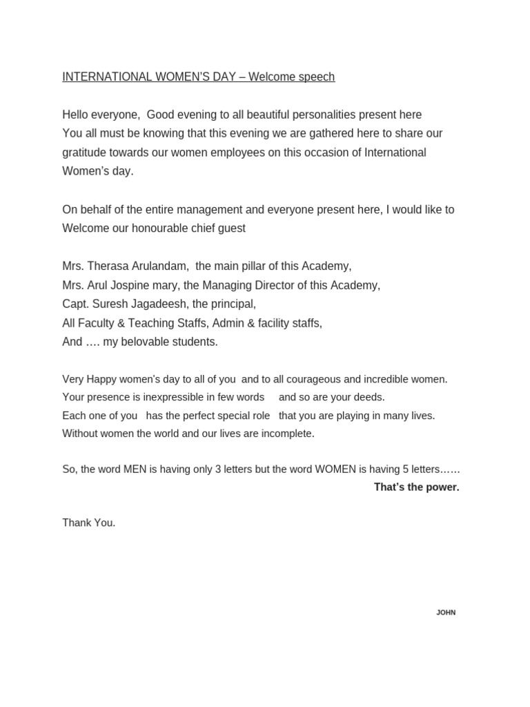 WOMEN'S DAY-Welcome Speech - John | PDF
