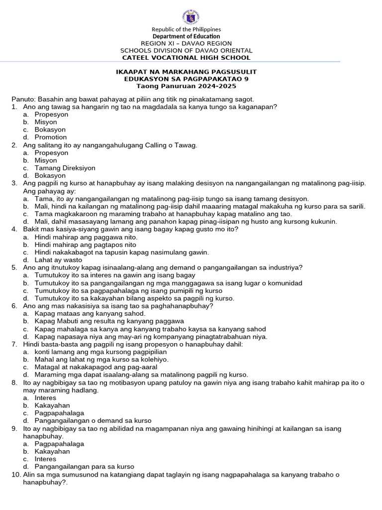 4th Quarter Esp Exams | PDF