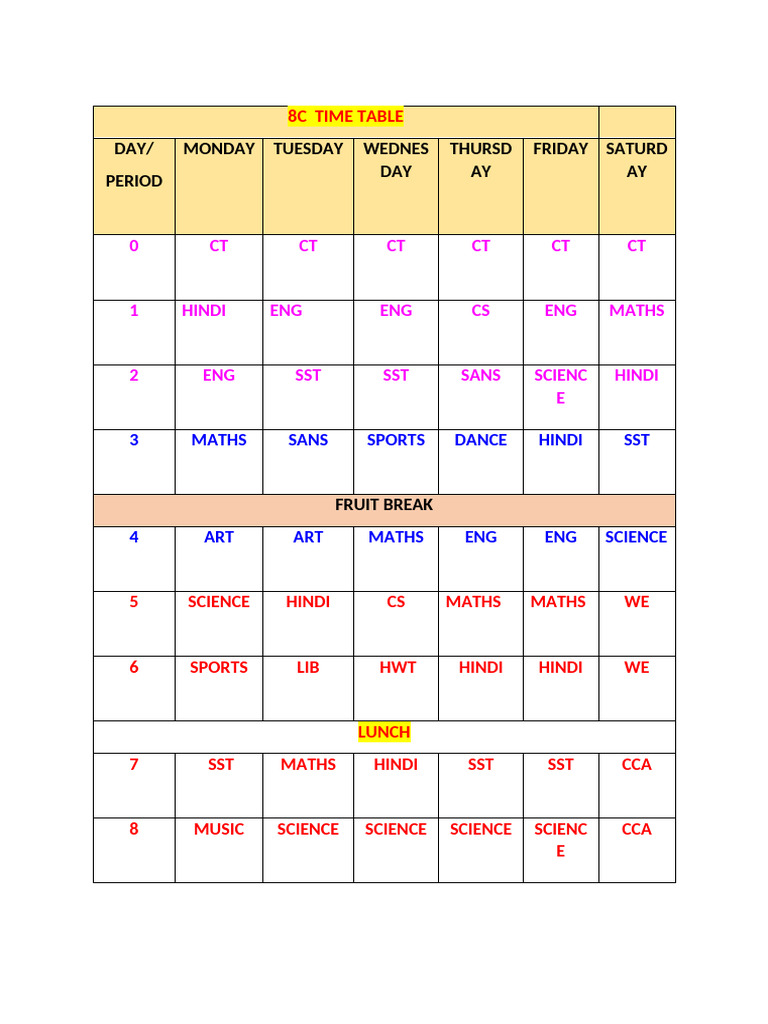 8C Class Weekly Timetable | PDF