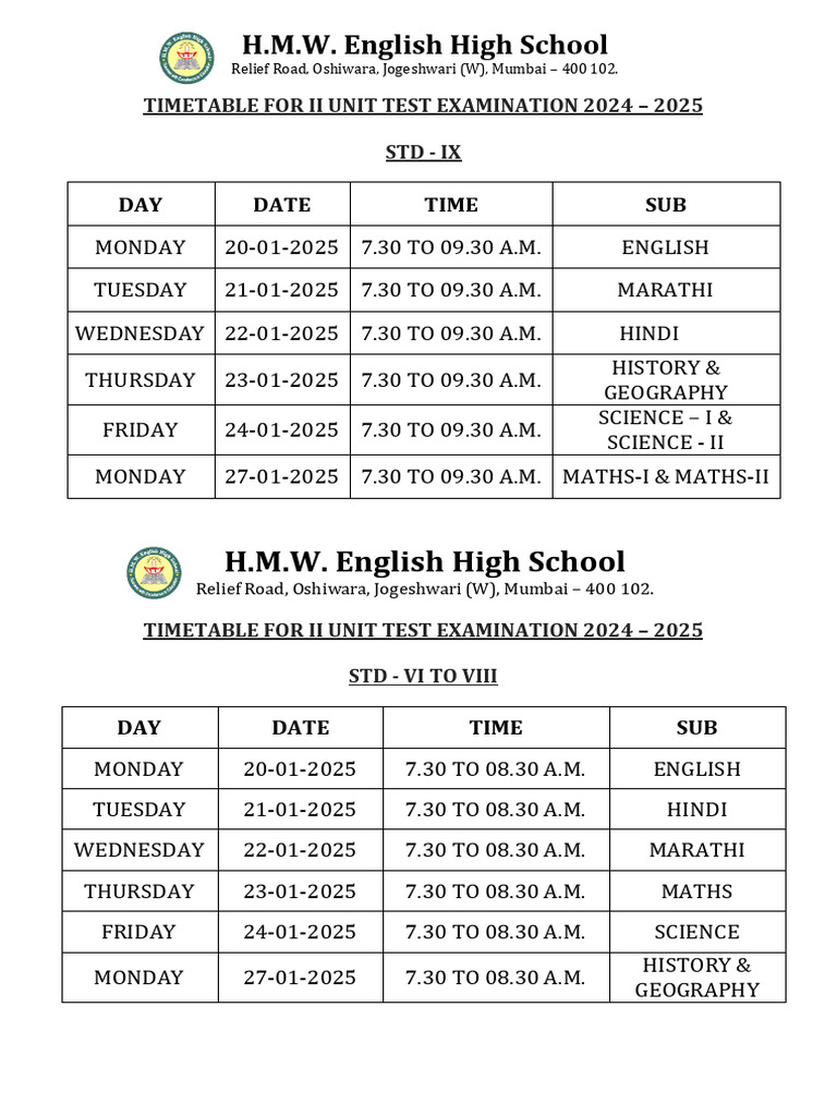 Second Unit Test Time Table - 2024 - 2025 -1 | PDF