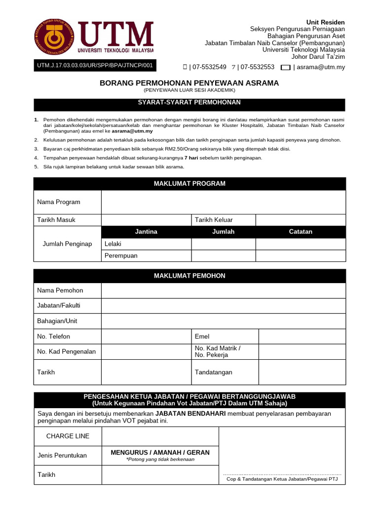 001-Borang-Permohonan-Penyewaan-Asrama-Kemaskini-Tahun-2022 | PDF