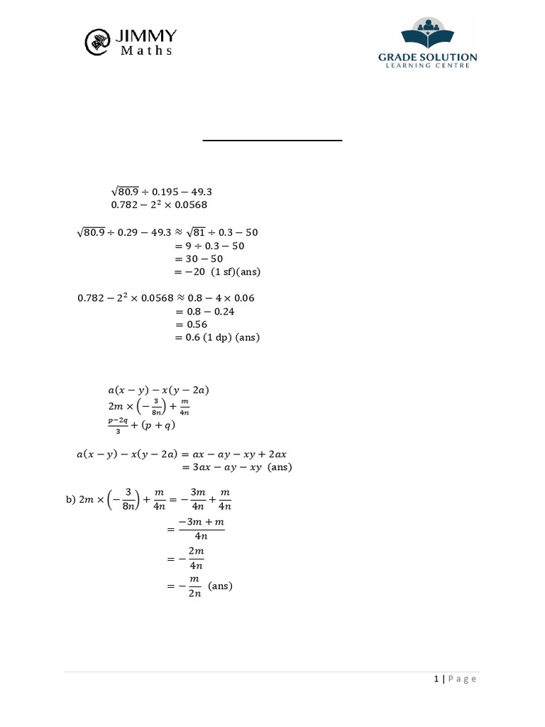 Sec 1 WA2 Revision Paper Set 1 Solutions | PDF | Mathematics