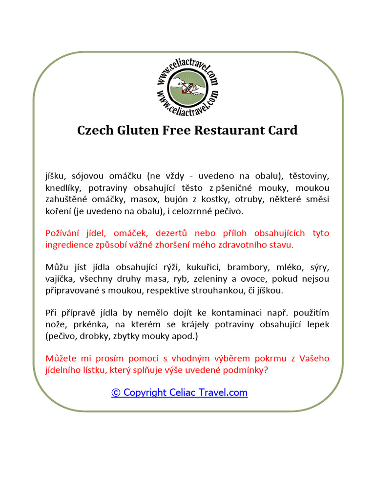 Czech Gluten Free Restaurant Card | PDF
