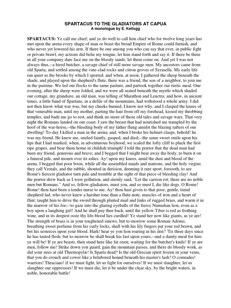 Spartacus To The Gladiators at Capua: A Monologue by E. Kellogg | PDF ...