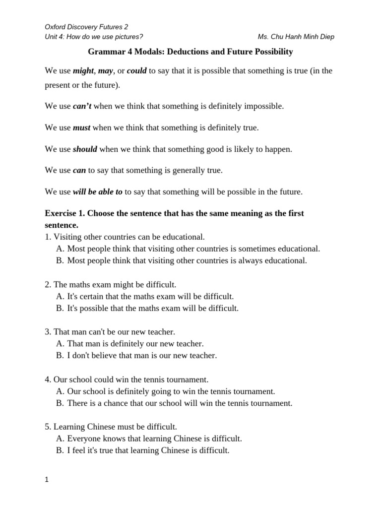 Grammar 4 Modals - Deductions and Future Possibility WS With Answers ...