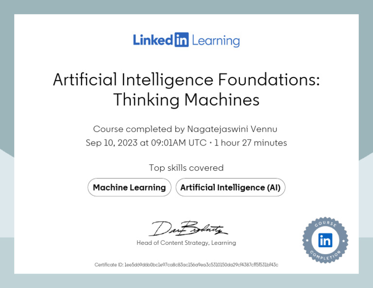 CertificateOfCompletion - Artificial Intelligence Foundations Thinking Machines | PDF
