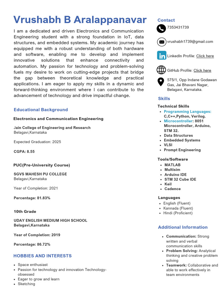 Electronics Engineering Student Profile | PDF | Internet Of Things ...