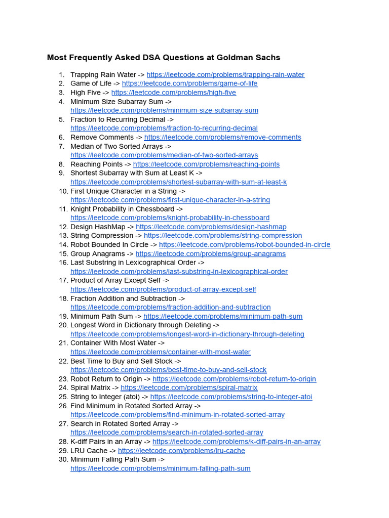 Most Frequently Asked DSA Questions at Goldman Sachs | PDF | Computer Programming | Algorithms ...