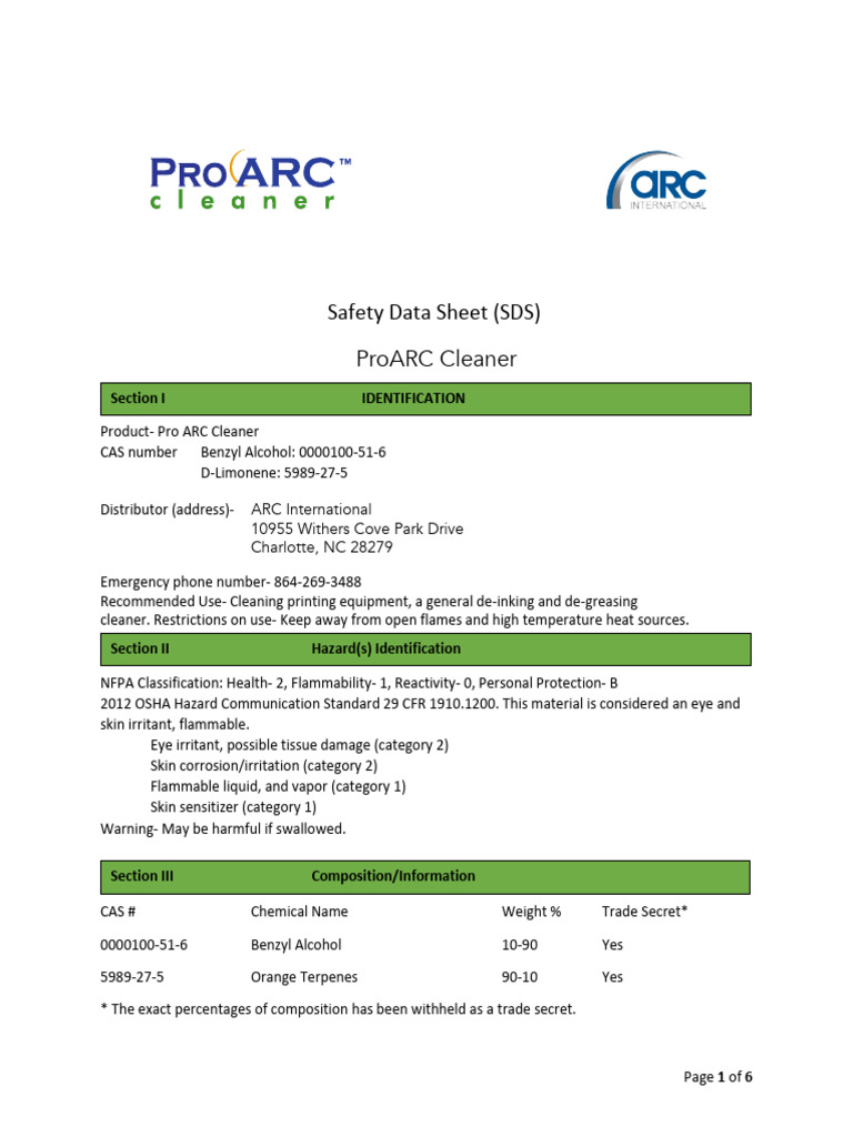 ProARC Cleaner SDS 101915arc | PDF | Toxicity | Water