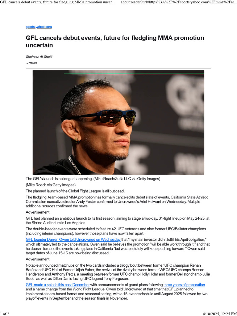 GFL Cancels Debut Events, Future For Fledgling MMA Promotion Uncertain ...