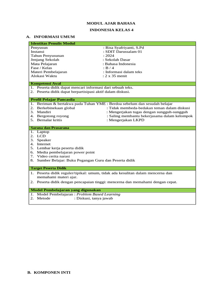 Modul Ajar Bahasa Indonesia Kelas 4F | PDF