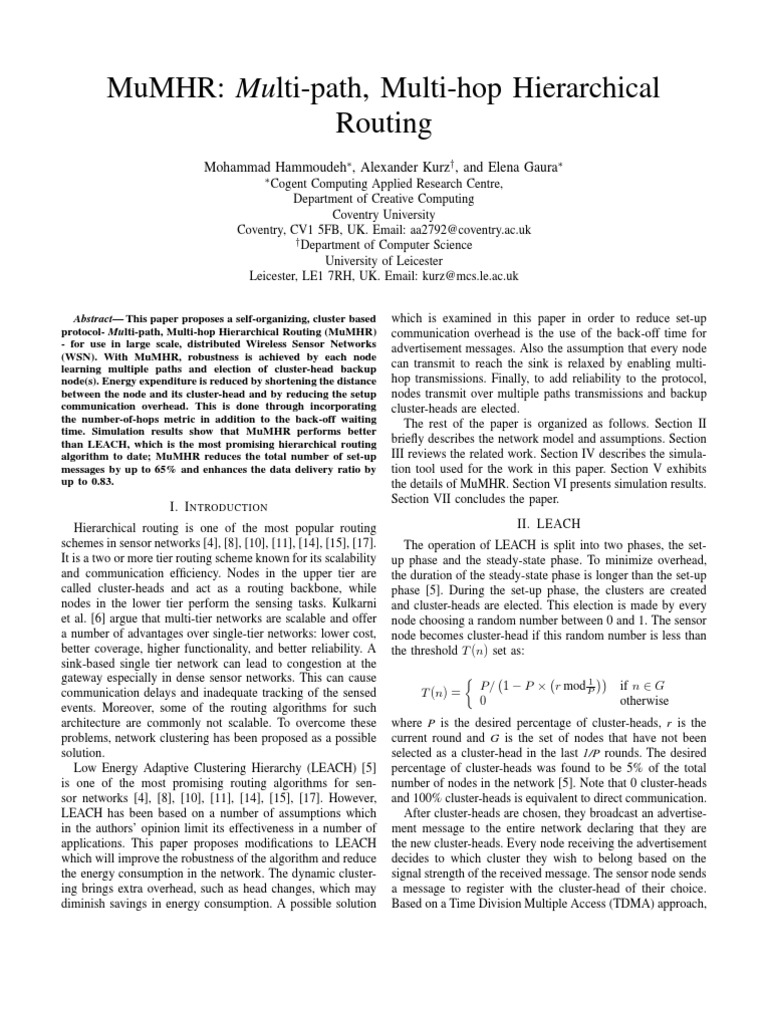 Mumhr Multi Path Multi Hop Hierarchical Routing Pdf Routing Network Topology