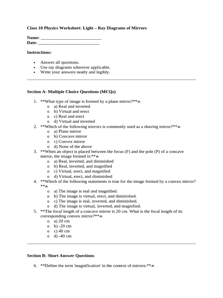 Class 10 Physics Worksheet-1 | PDF | Mirror | Glass Engineering And Science