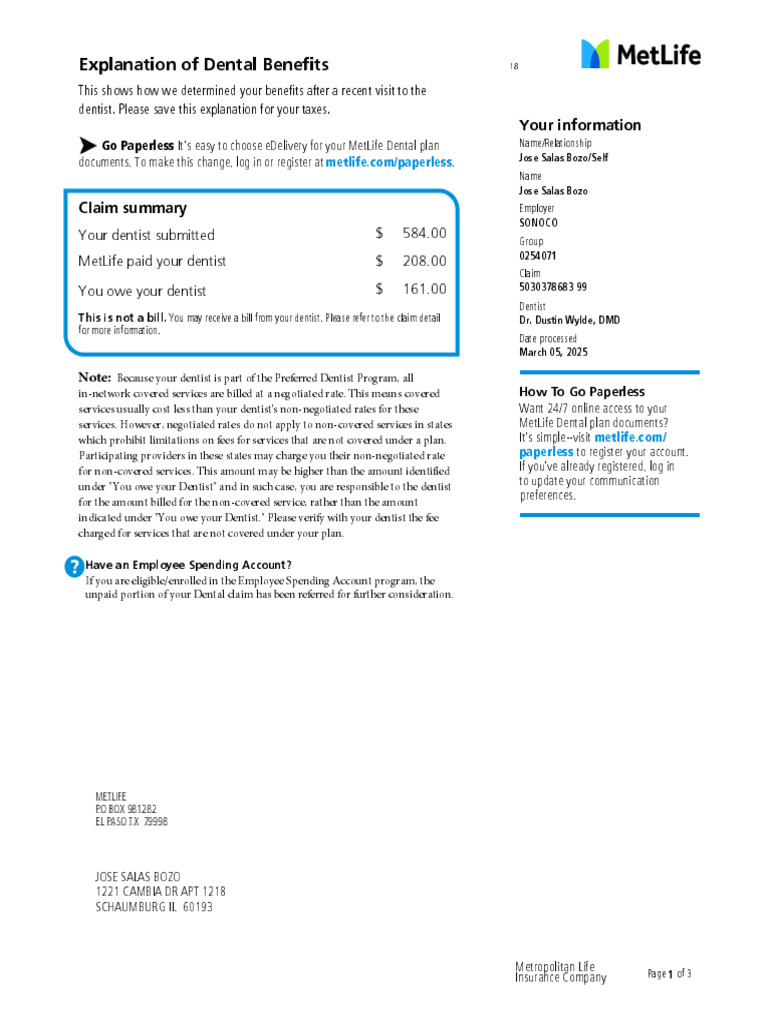 MetLife Dental Benefits Explanation | PDF | Dentist | Met Life