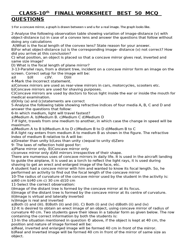 Class 10 MCQs on Light Concepts | PDF | Mirror | Refraction