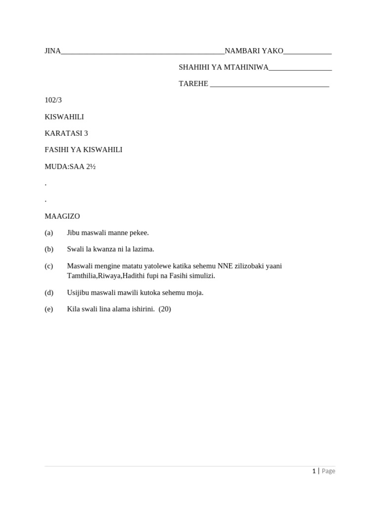 Kiswahili Form 3 P3 | PDF