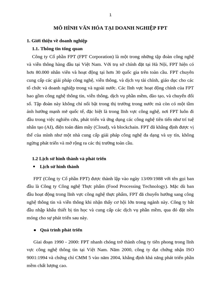 MÔ HÌNH VĂN HÓA TẠI DOANH NGHIỆP FPT | PDF