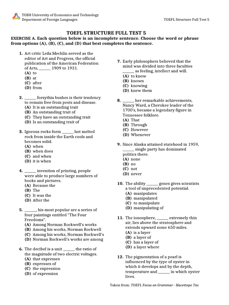 TOEFL Structure Full Test 5 | PDF