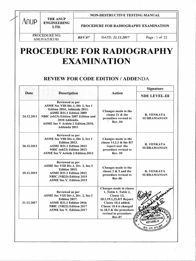 Anup RT Prcedure Rev.07 - PDF | PDF | Radiography | Nondestructive Testing