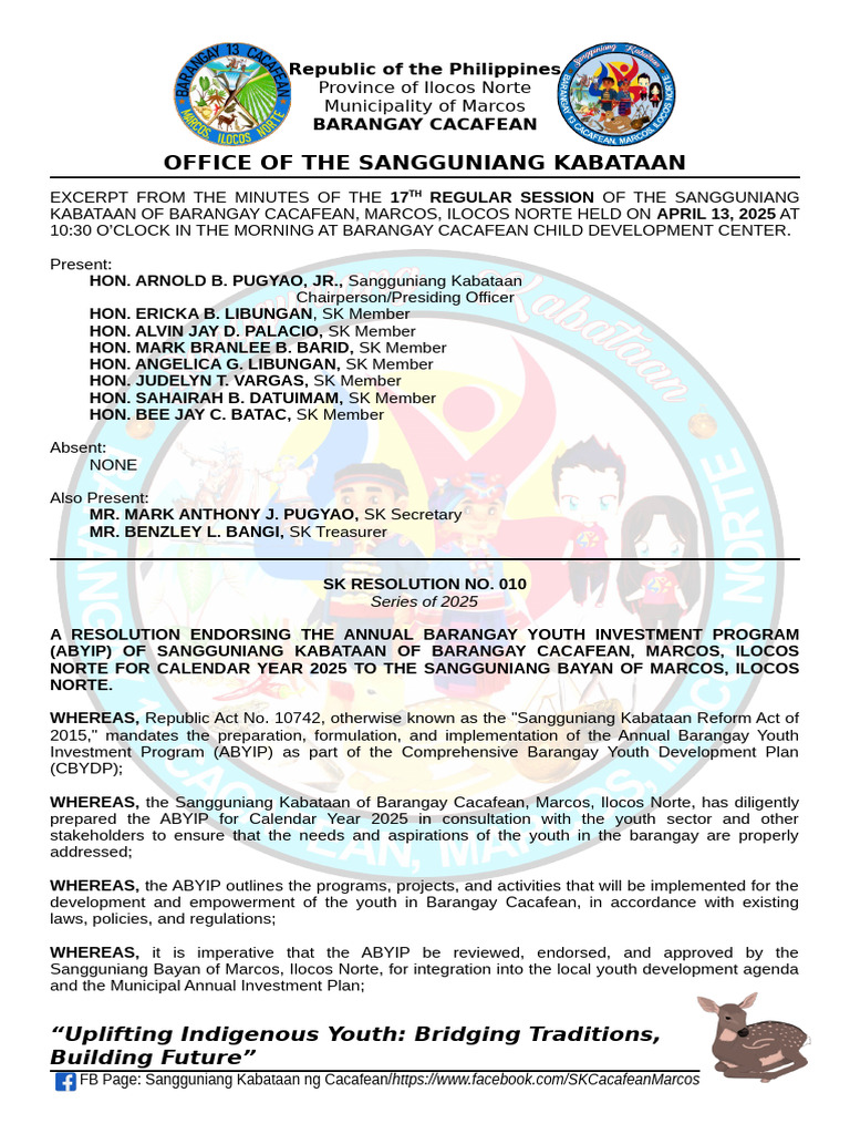 SK Resolution No. 010, Series of 2025 (ABYIP ENDROSE) | PDF | Youth ...