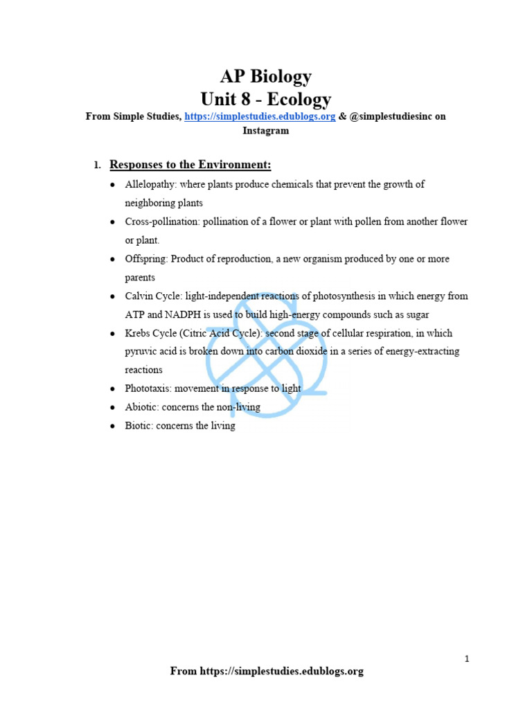 AP Biology Unit 8: Ecology Concepts | PDF | Ecosystem | Plants