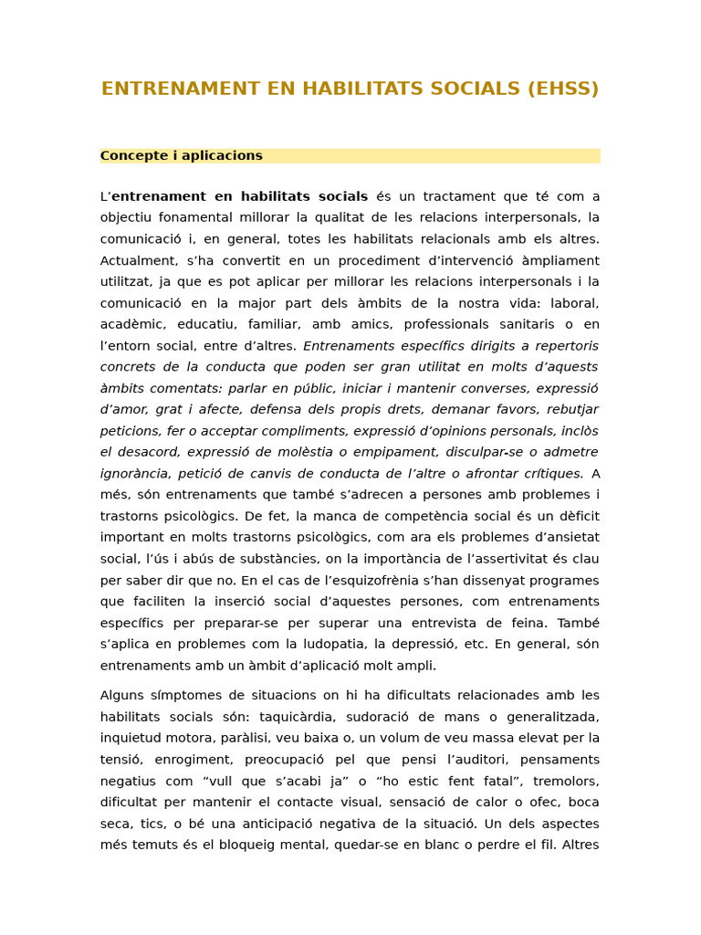 Entrenament en Habilitats Socials | PDF