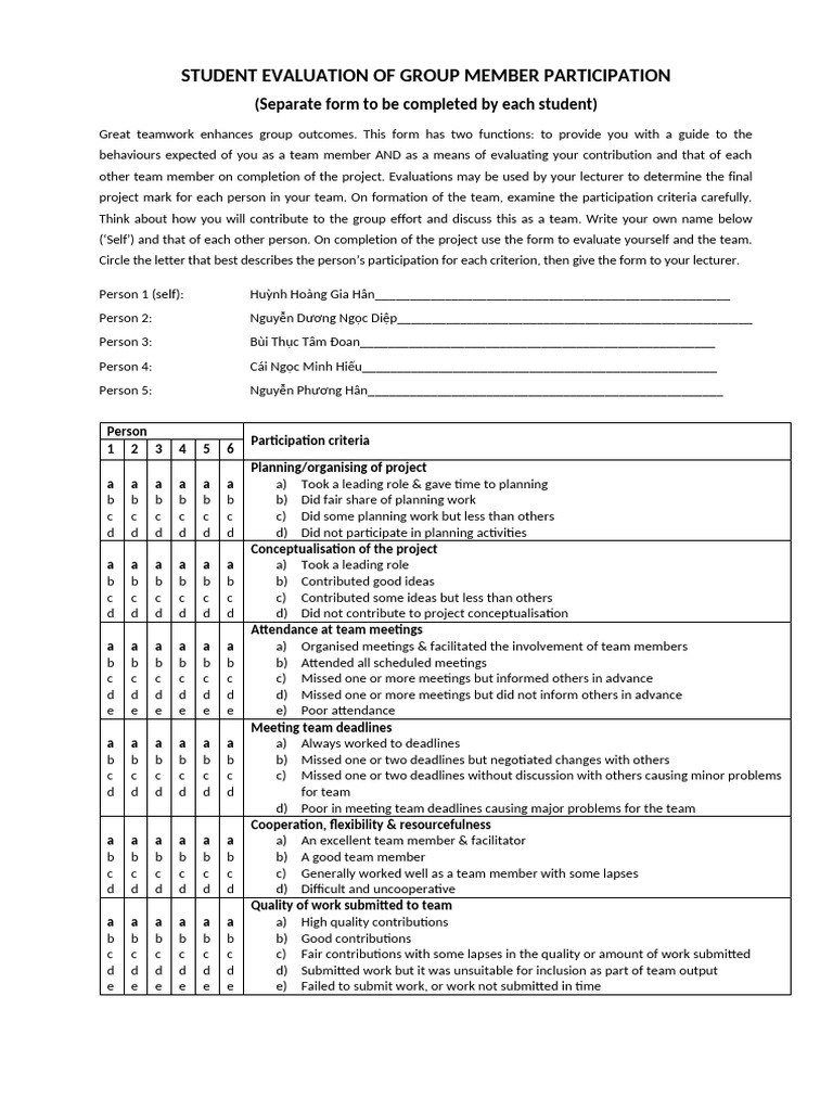 StudentEvaluationofGroupMembersSheet ISB | PDF | Social Psychology
