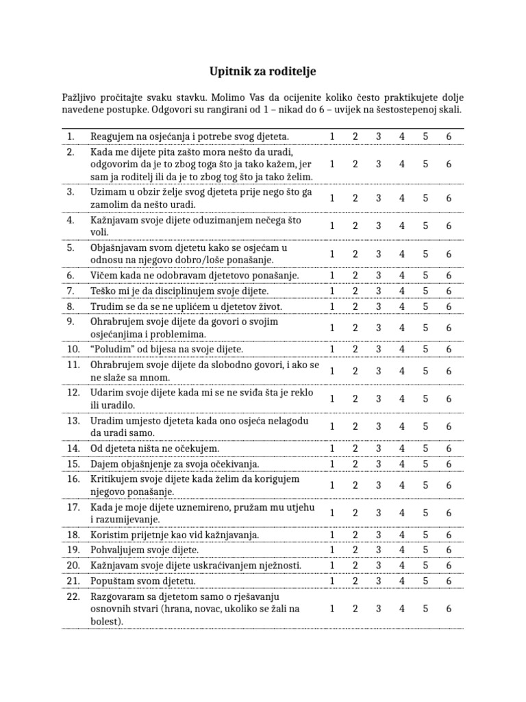 Upitnik Za Roditelje | PDF