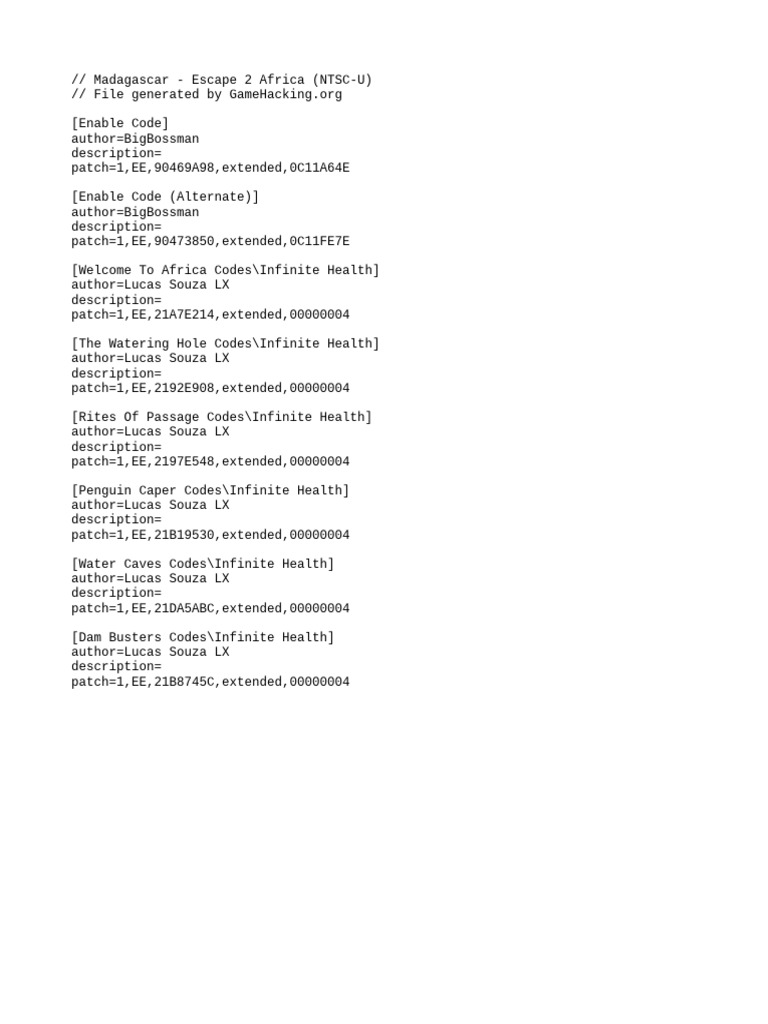 Madagascar 2 Infinite Health Codes | PDF
