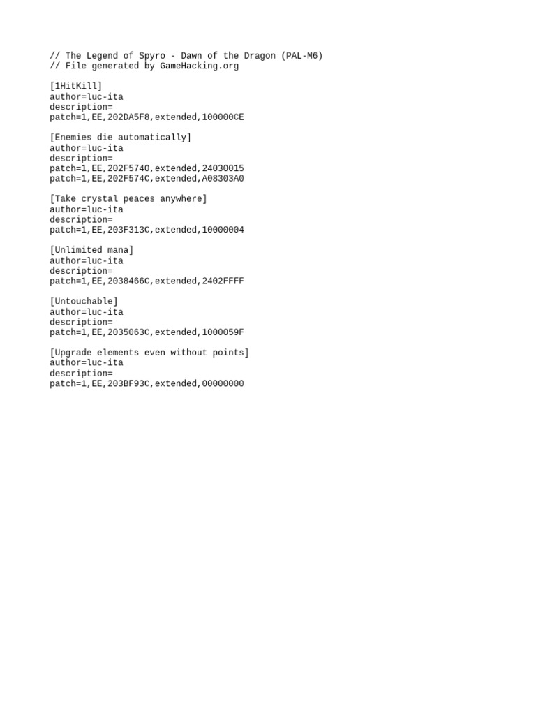 The Legend of Spyro - Dawn of The Dragon (PAL-M6) .Pnach | PDF