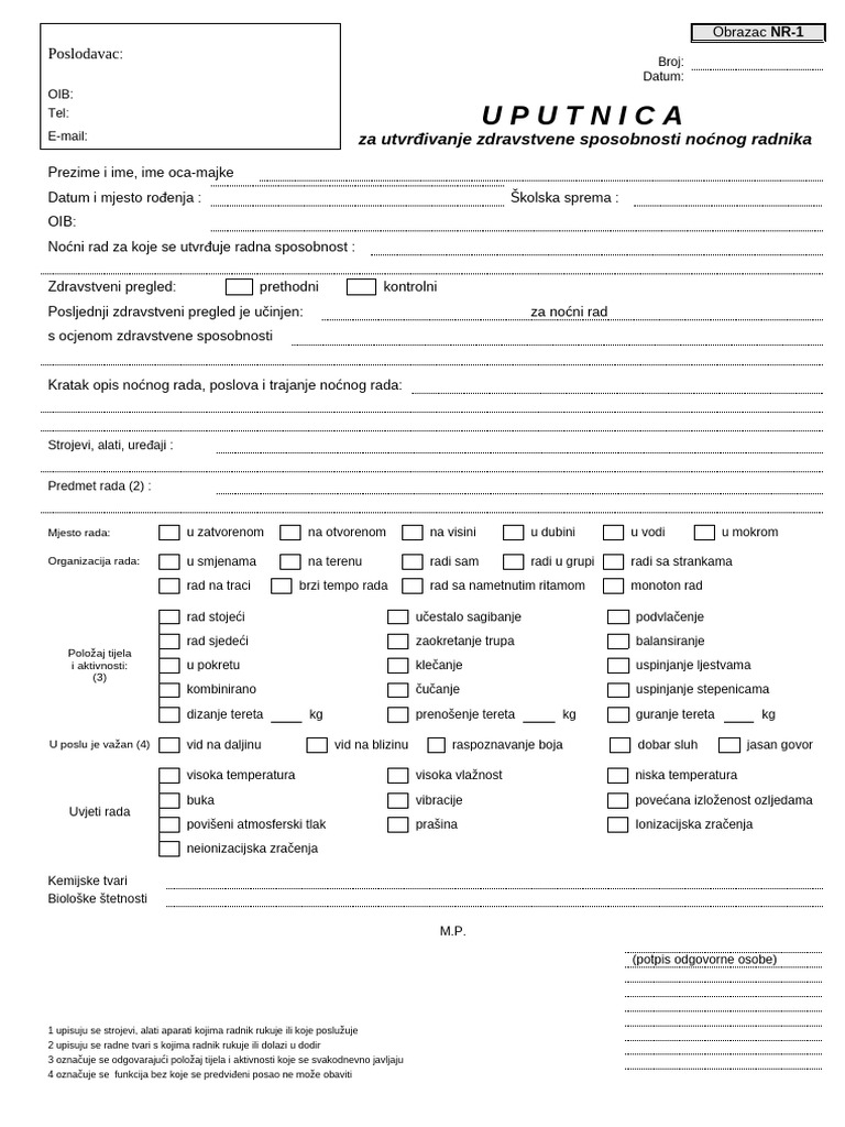 Uputnica NR 1 Za Utvrdivanje Zdravstvene Sposobnosti Nocnog Radnika | PDF