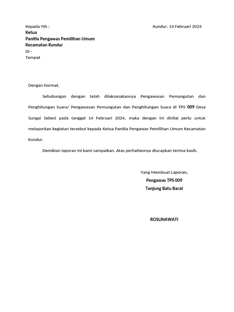 Lap. Perjadin 14-02-2024 TPS 009 Desa Sungai Sebesi | PDF