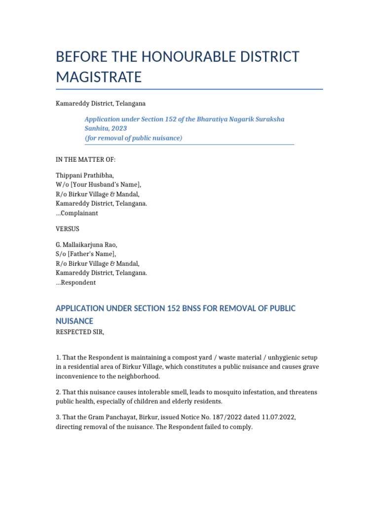 Section 152 BNSS Public Nuisance Application | PDF