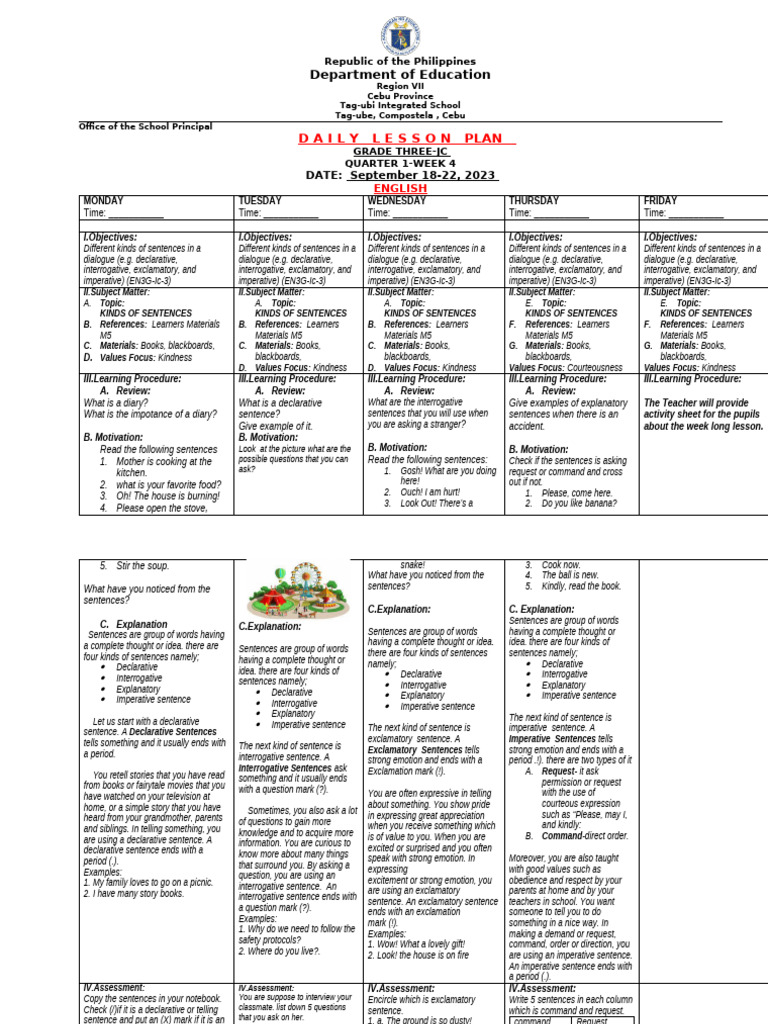 1st Q Lesson Plan G 3 Week 4 | PDF | Sentence (Linguistics) | Learning