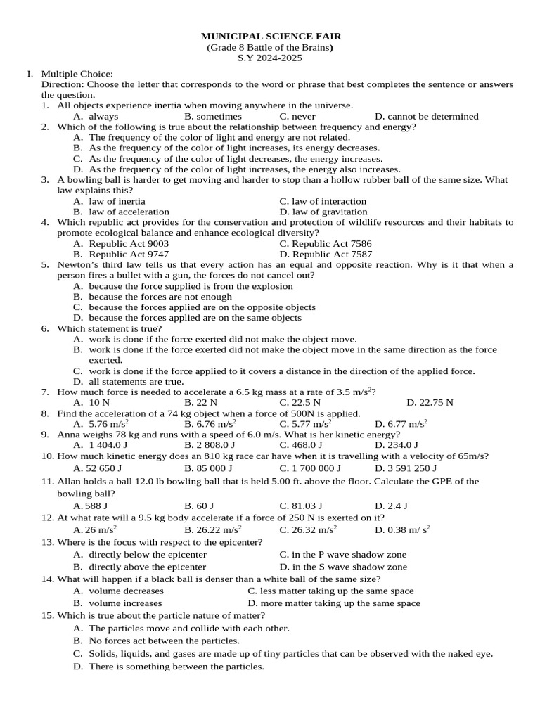 Science Fair - Grade 8 (QB - Municipal) | PDF | Gases | Liquids