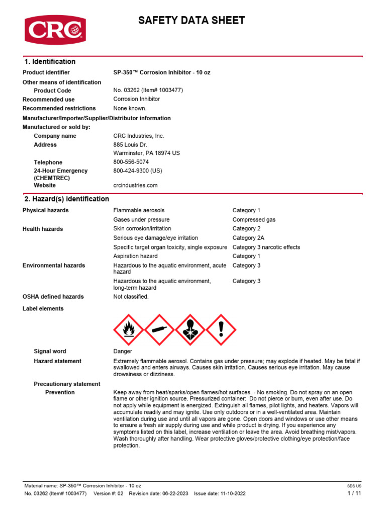 Sds - En-1003477 CRC SP350 | PDF | Firefighting | Personal Protective ...
